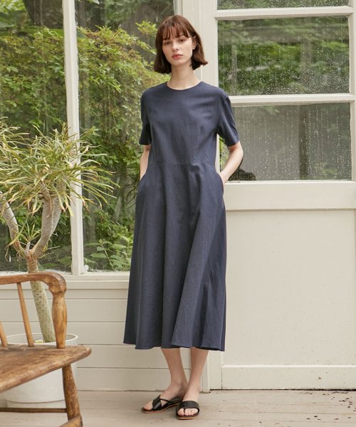 MUSINSA | NONLOCAL Linen Flare Dress - Navy