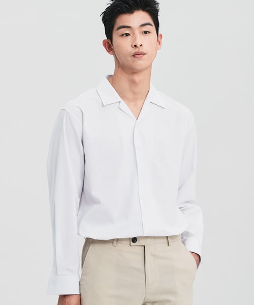 MUSINSA | LEIRE Minimal Open Collar Linen Shirt [White]