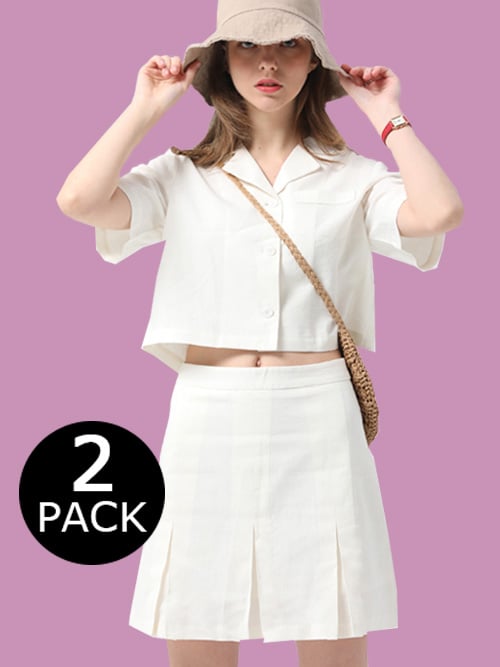 MUSINSA | KOLEAT [SET] LINEN CROPPED SHORT SLEEVE T-SHIRT & LINEN SKIRT [WHITE]