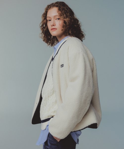 MUSINSA | COVERNAT Reversible collarless sherpa zip-up jacket ivory