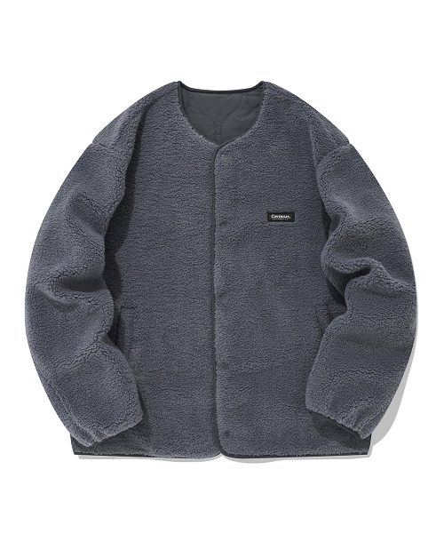 MUSINSA | COVERNAT Reversible collarless sherpa zip-up jacket dark gray