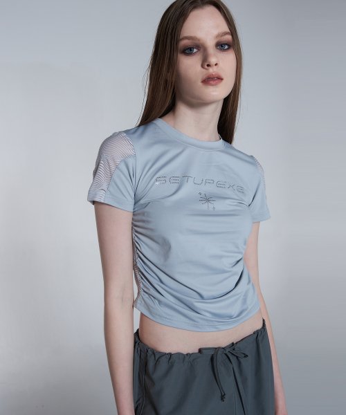 셋업이엑스이(SETUP-EXE) Hotfix shirring mesh panel Top [Mint Grey] - 사이즈 & 후기 ...