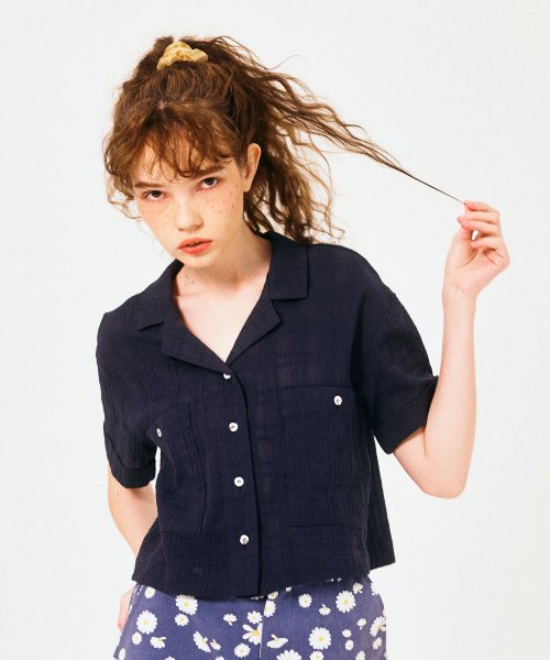 MUSINSA | FREAKISH BUILDING LINDA SHORT SLEEVE CROP SHIRTS (NAVY)