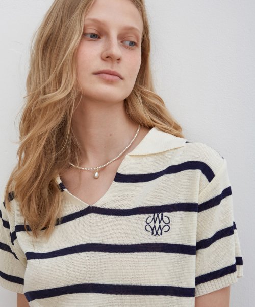 MUSINSA | NICK&NICOLE NICOLE STRIPE COLLAR HALF KNIT_IVORY