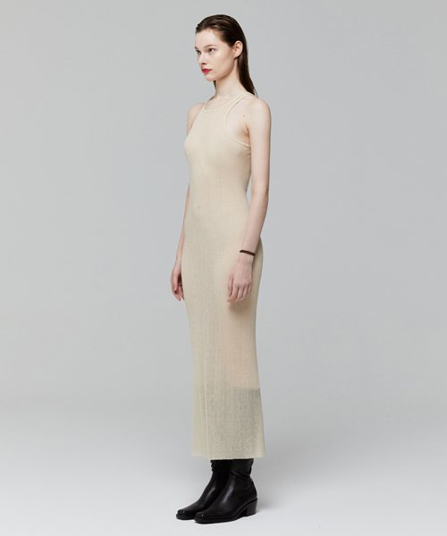 MUSINSA | LADY VOLUME CUTTING HALTER SLIM KNIT DRESS_BEIGE