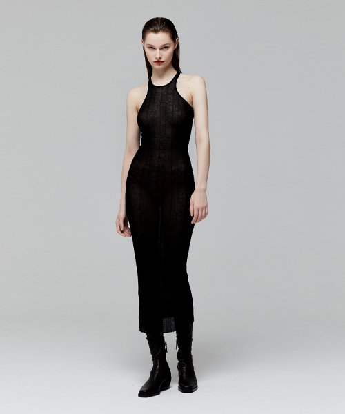 MUSINSA | LADY VOLUME CUTTING HALTER SLIM KNIT DRESS_BLACK