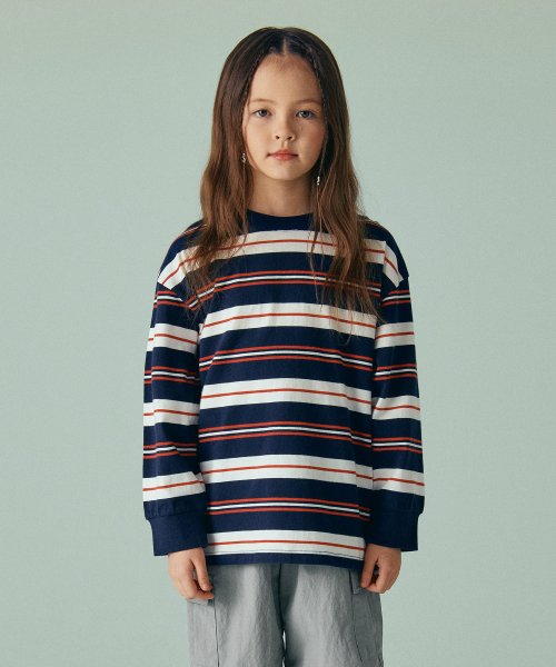 무신사 스탠다드 키즈(MUSINSA STANDARD KIDS) 멀티 스트라이프 크루 넥 긴소매 티셔츠 1 [네이비] - 사이즈 ...
