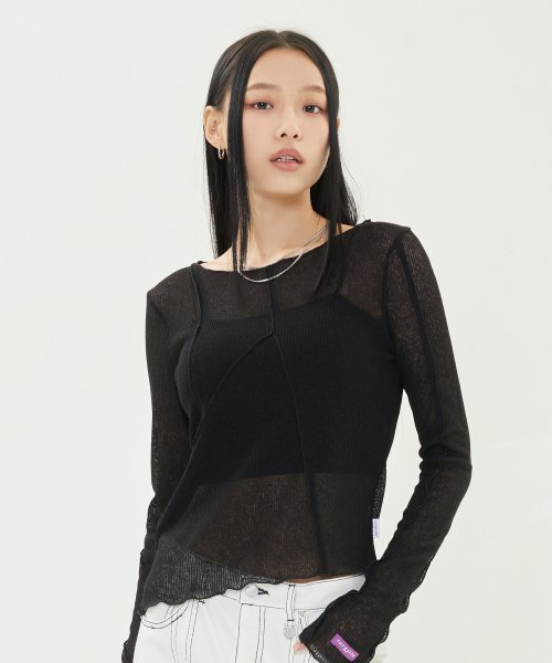 MUSINSA | NIIER NOR Cut-out Sheer Look Long Sleeve T-Shirt_Black