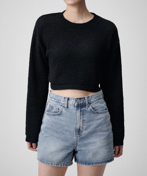 MUSINSA | MUSINSA STANDARD WOMAN Women's Flat Yarn Crop Knit [Black]