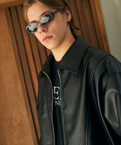 MUSINSA | KOLEAT MEN Vintage Banding Overfit Leather Jacket [Black ...