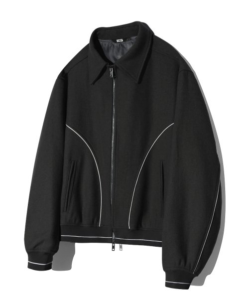 MUSINSA | TRILLION Curved Piping Line Zip-up Wool Varsity Jacket (BLACK)