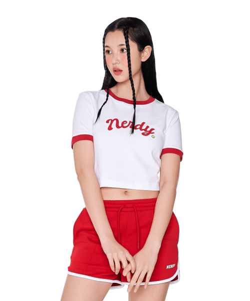 MUSINSA | NERDY Women's Cursive Logo Ringer Crop Short Sleeve Shorts ...