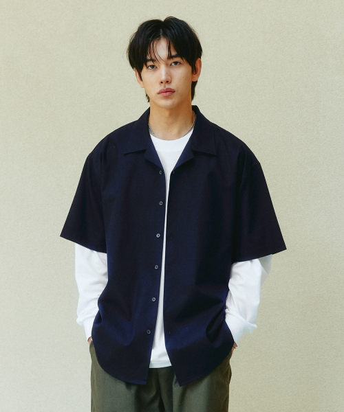 MUSINSA | LEIRE Linen Open Collar Relaxed Shirt [Navy]