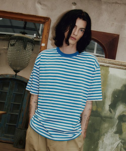 MUSINSA | DGRE Arcade Short Sleeve Stripe Milky Blue