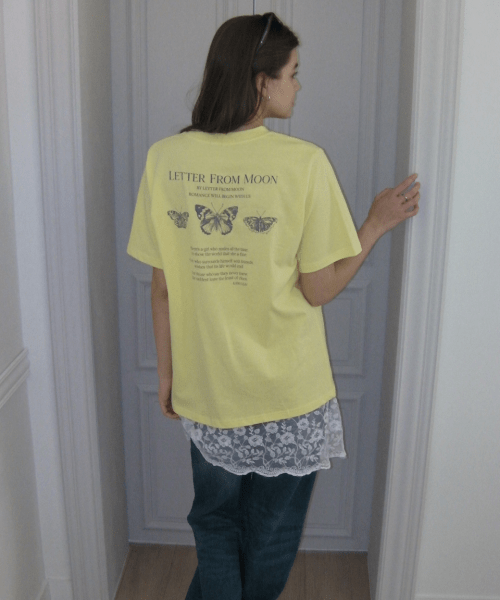 MUSINSA | LETTER FROM MOON Triple Butterfly Embroidery Overfit Short Sleeve T-Shirt (Lemon)