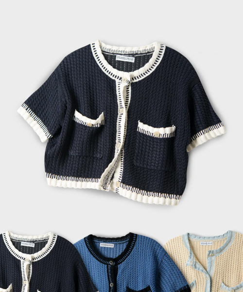 MUSINSA | PLACE STUDIO Cool Color Pocket Round Short Sleeve Knitted Crop Cardigan
