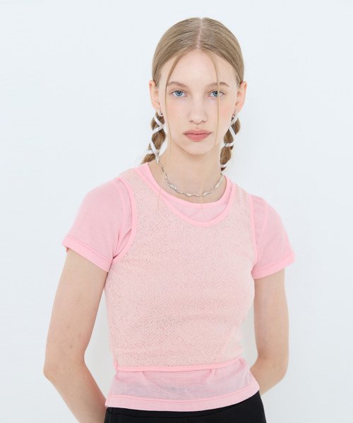 MUSINSA | LARTIGENT L4 RIBBON LAYERD T-SHIRT(PINK)
