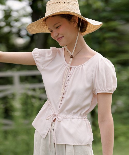 MUSINSA | LOEIL String puff sleeve blouse – pink