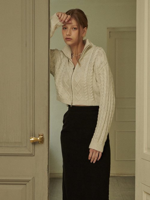 MUSINSA | PLACE STUDIO Turtleneck Cable Knit Two Way Crop Collar Zip Up Cardigan (Ivory)