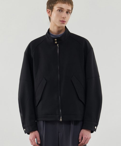 MUSINSA | DRAW FIT Wave Block Wool Harrington Jacket [BLACK]