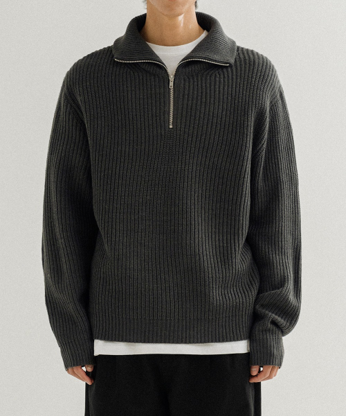 MUSINSA | AGAINST ALL ODDS Half Zip Up Collar Neck Hachi Knit [Charcoal]