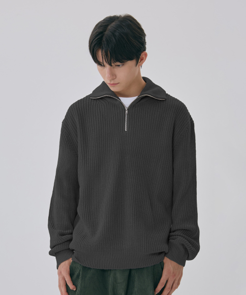 MUSINSA | AGAINST ALL ODDS Half Zip Up Collar Neck Hachi Knit [Charcoal]