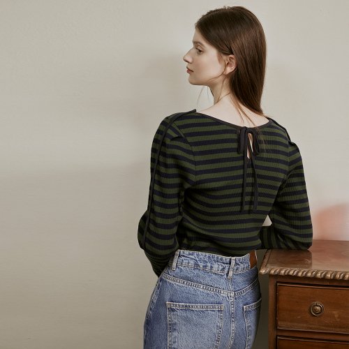 MUSINSA | HUNCH Stripe pintuck sleeve jersey top (2color)