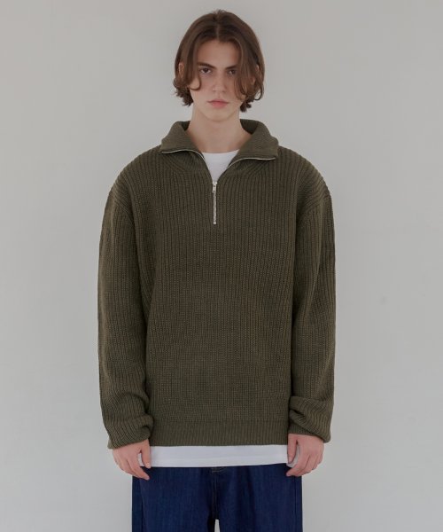 MUSINSA | AGOD Half Zip Up Collar Neck Hachi Knit - Khaki