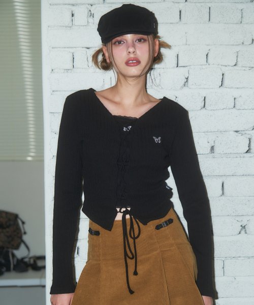 MUSINSA | FANCY CLUB [NF] Hitch eyelet cardigan (BLACK)_F23ZB267