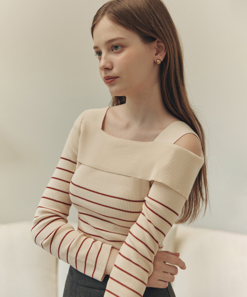 MUSINSA | ZERO STREET [7 Colors] Striped Unbalanced Off-Shoulder Sweater