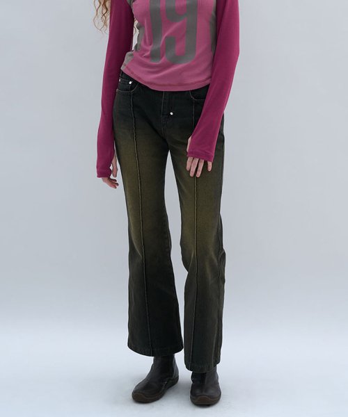 MUSINSA | PARTIMENTO WOMEN Low rise pin tuck boot cut jeans_khaki