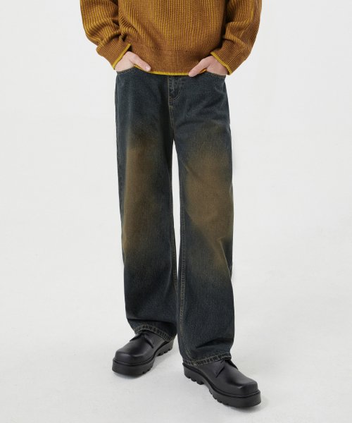 MUSINSA | TRILLION Biostone Washed Wide Denim Pants (DEEP GREEN)