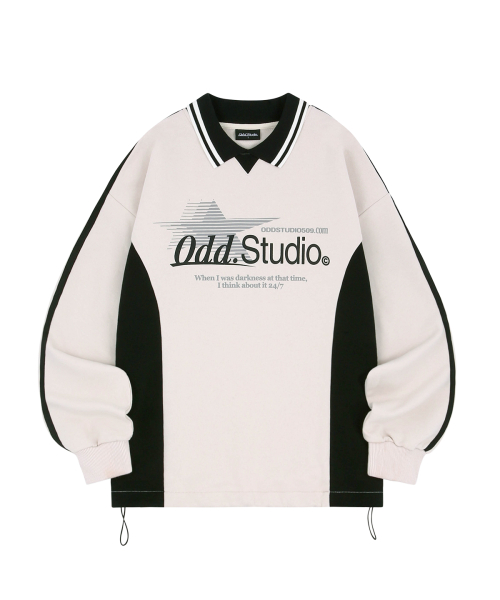 MUSINSA | ODDSTUDIO Sporty track collar string overfit sweatshirt - SAND BEIGE/BLACK