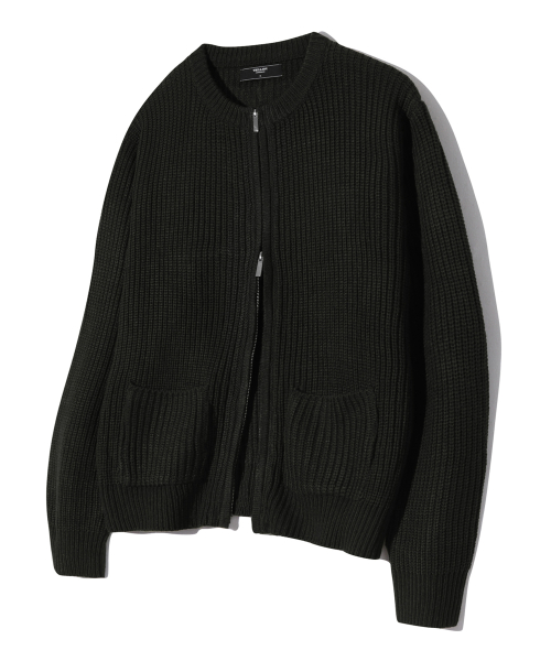 MUSINSA | TRILLION Washable round neck hachi zip-up knit (PURE BLACK)