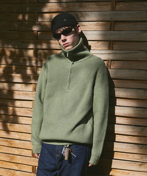 MUSINSA | FLUKE Overfit volume half-zip ribbed knit khaki FNT101