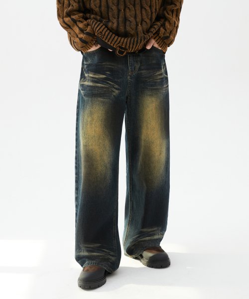 MUSINSA | TRILLION Dirty brush washed wide denim pants (DEEP GREEN)