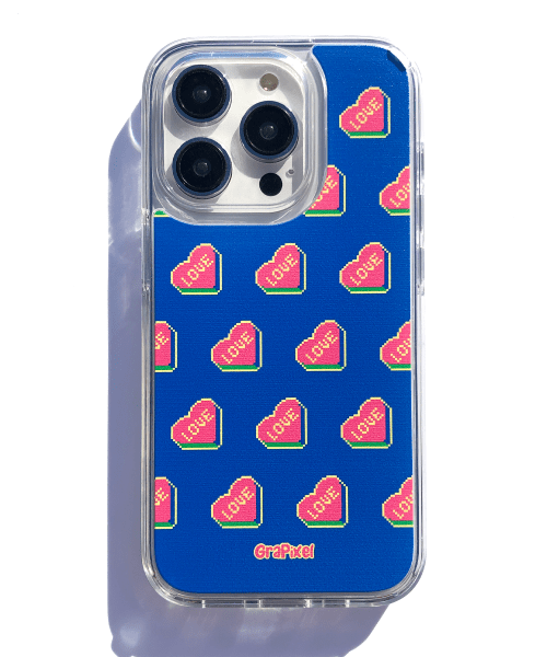 MUSINSA | GRAPIXEL Retro Heart Pattern Gel Hard Phone Case (Blue)
