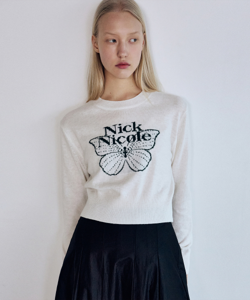 닉앤니콜(NICK&NICOLE) CASHMERE BUTTERFLY SIGNATURE CROP KNIT_IVORY GREEN ...