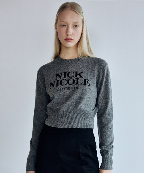 닉앤니콜(NICK&NICOLE) CASHMERE NICOLE LOGO CROP JACQUARD KNIT_GRAY - 사이즈 ...