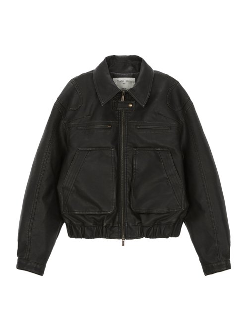 마뗑킴 BIG POCKET FAUX LEATHER BOMBER JUMPER FOR WOMEN IN BLACK - 위시버킷