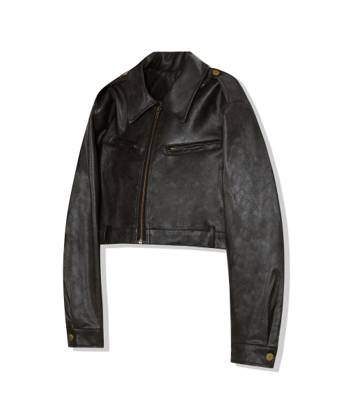 MUSINSA | VIVABROWN 85-VIVAJ003 [Vegan Leather] Vintage Sheepskin Cropped Biker Leather Jacket Black
