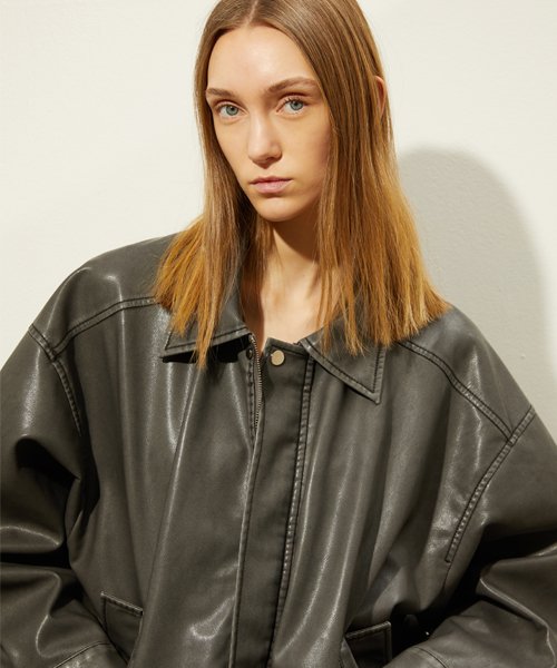 MUSINSA | LADY VOLUME 465-1 VINTAGE WASHING LEATHER LOOSE FIT JUMPER_BLACK