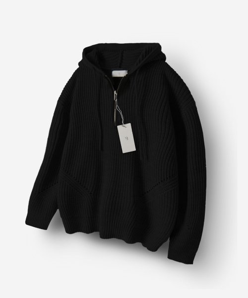 MUSINSA | MIS PRODUCT Herashi Hachi Hood Half Zip Up Knit_Black