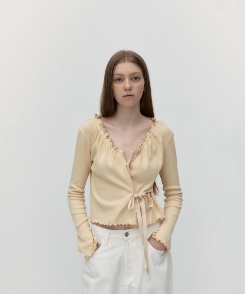 MUSINSA | SOFTSEOUL Soft Frill Wrap Cardigan [Yellow Beige]