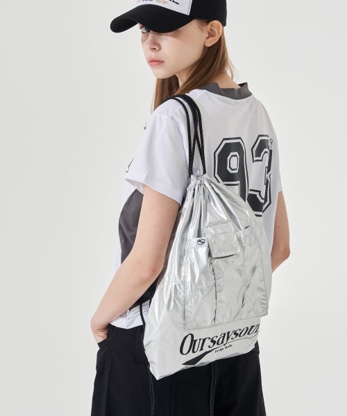 MUSINSA | OURSAYSOUR Glossy Cargo Pocket String Backpack Silver