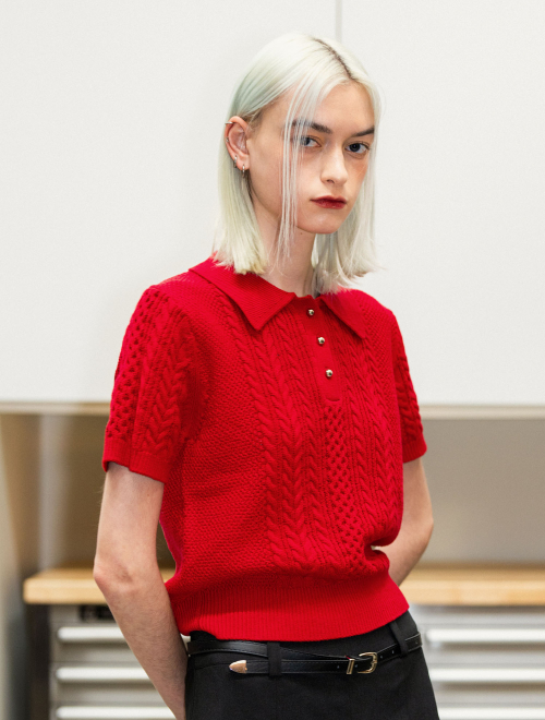 MUSINSA | GENERAL IDEA Herringbone cable half knit [RED] / WBD2L05520