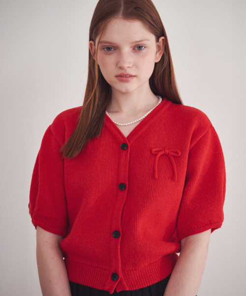 MUSINSA | RONRON RIBBON V NECK BUTTON SHORT SLEEVE KNIT CARDIGAN RED
