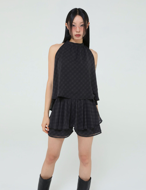 MUSINSA | UGLYSHADOW Printed Flare Halter Neck Blouse (Black)