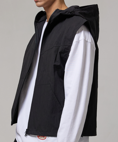 MUSINSA | BSMT Essential Nylon String Hooded Zip-Up Vest_Black