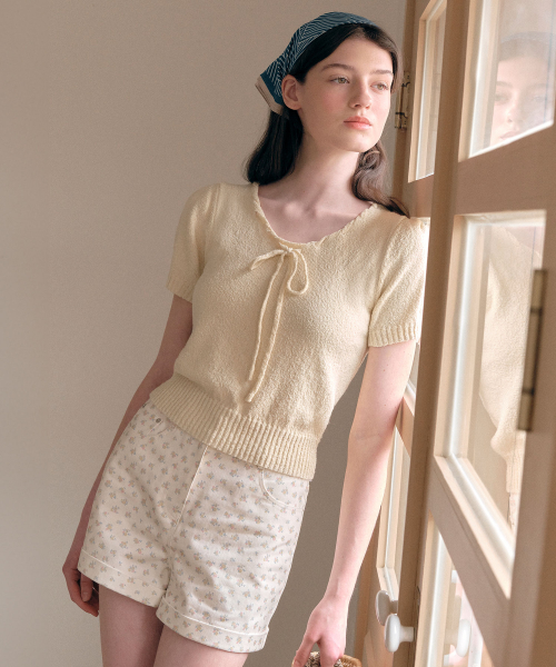 MUSINSA | ROLAROLA RIBBON HALF SLEEVE KNIT YELLOW